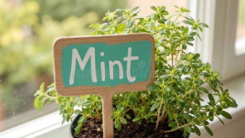 Rustic Garden Marker Mint in Pot on Windowsill Stock Illustration ...