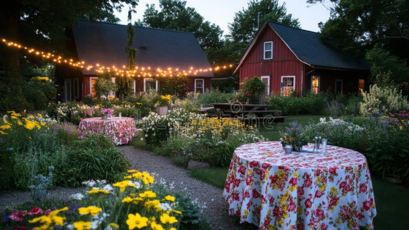 Rustic Garden Party at Dusk Stock Illustration - Illustration of rustic ...