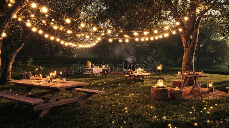 A Rustic Garden Party Setup with String Lights, a Barbecue, and Picnic ...