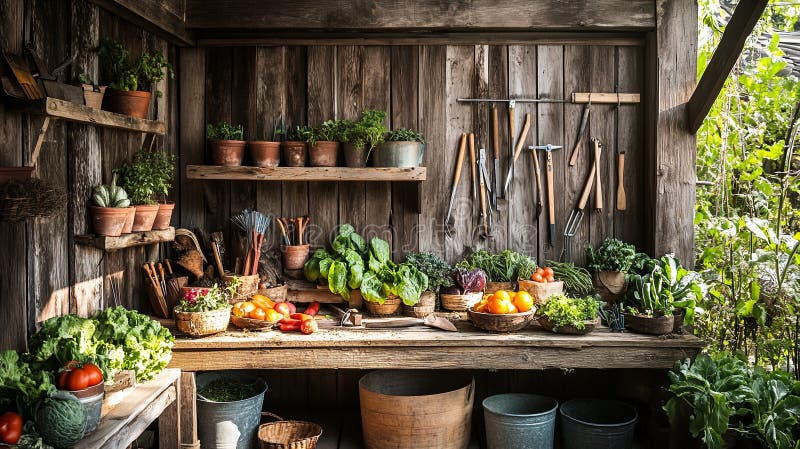 A Rustic Garden Shed Filled with Tools, Pots, and Freshly Picked Stock ...