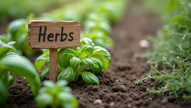 Rustic Garden Sign among Basil Thyme and Rosemary Plants Stock ...
