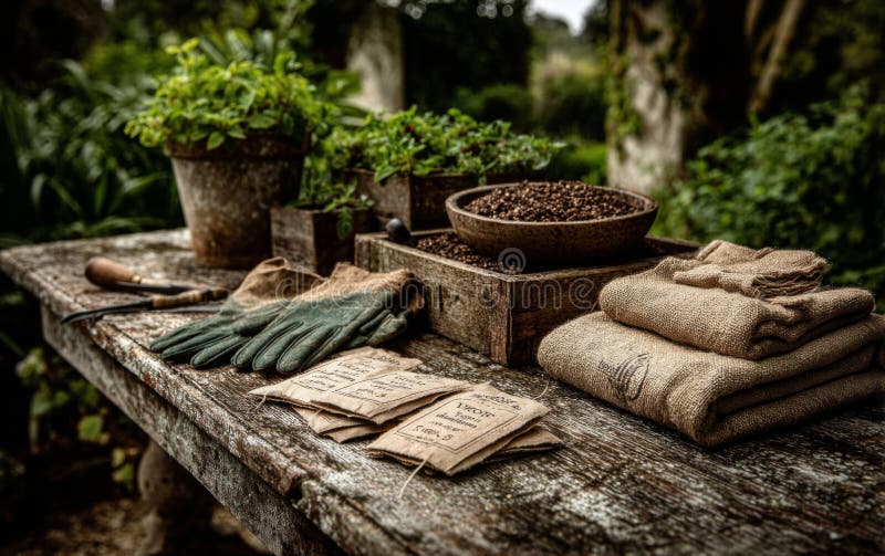 Rustic Garden Still Life with Herbs and Seeds Stock Illustration ...
