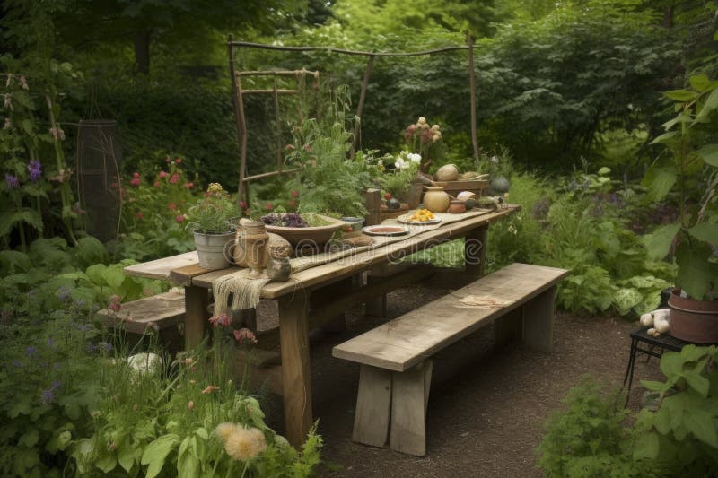 Rustic Garden Table with Natural Elements and Inviting Settings Stock ...