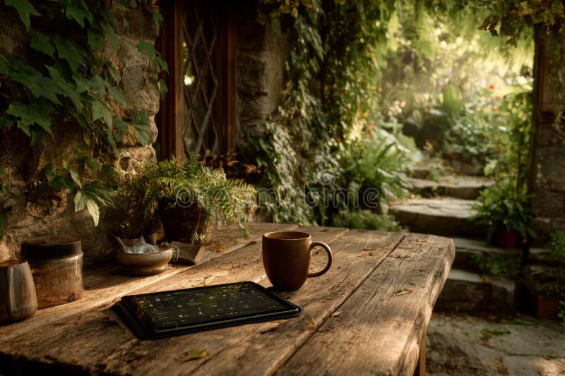 Rustic Garden Table with Tablet and Mug Stock Illustration ...