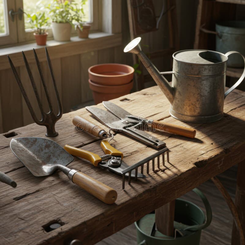 Rustic Garden Tools on Wooden Table in Sunlit Room Stock Illustration ...