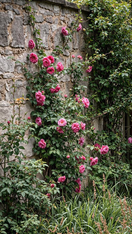 Rustic Garden Wall with Wild Roses in Pink and Green Stock Illustration ...