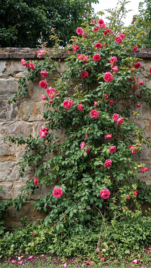 Rustic Garden Wall with Wild Roses in Pink and Green Stock Illustration ...