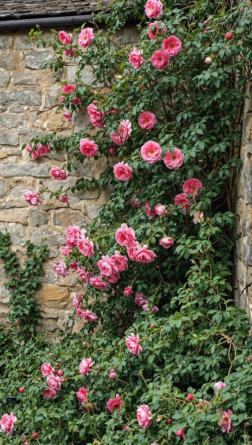 Rustic Garden Wall with Wild Roses in Pink and Green Stock Illustration ...