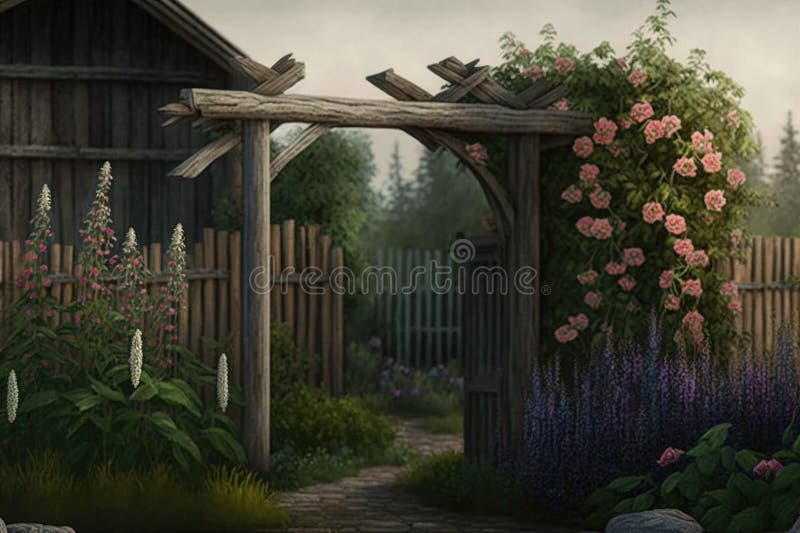 Rustic Garden with Wooden Trellises and Blooming Flowers Stock Image ...