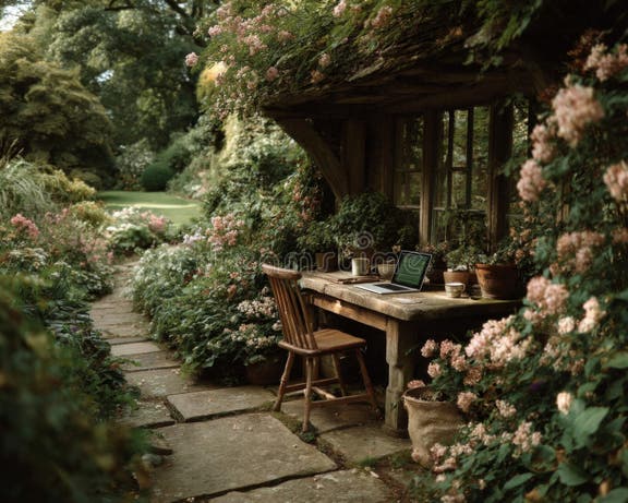 Rustic Garden Workspace with Laptop and Flowers Stock Illustration ...