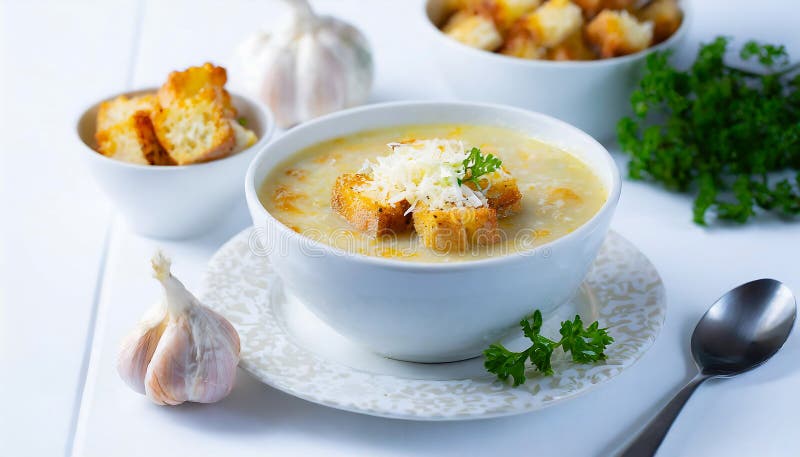 Rustic Garlic Soup in a Ceramic Bowl Surrounded by Fresh Garlic Cloves ...