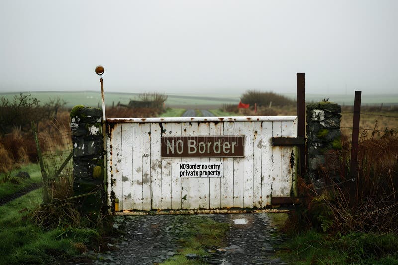 Rustic Gate with No Border Sign in Misty Countryside. Concept of Unity ...