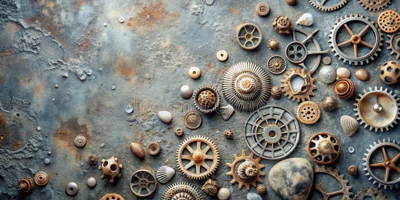 Rustic Gear and Ornamental Elements Scattered on Textured Surface ...