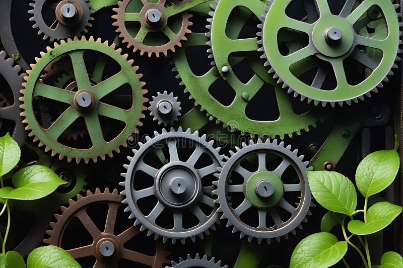 Rustic Gears Interlocked with Delicate Vines Symbolizing the Merge of ...