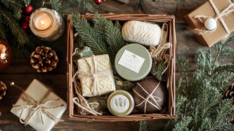 Rustic Gift Basket with Candles, Soaps, and Pine Branches Stock ...