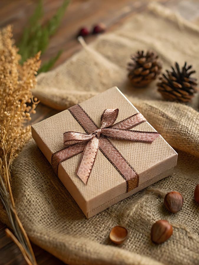 Rustic Gift Box with Brown Ribbon on Burlap Surrounded by Pinecones and ...