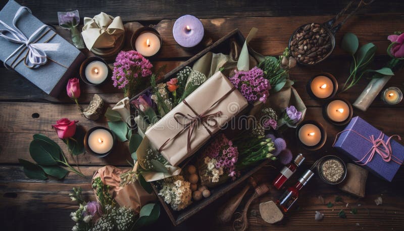 Rustic Gift Box with Candles on Table Wooden Generated by AI Stock ...