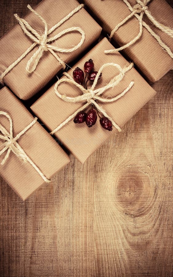 Rustic Gift Box with Kraft Paper. Christmas Gift. Stock Photo - Image ...