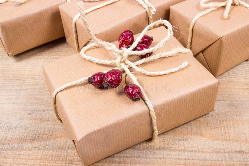Rustic Gift Box with Kraft Paper. Christmas Gift. Stock Photo - Image ...