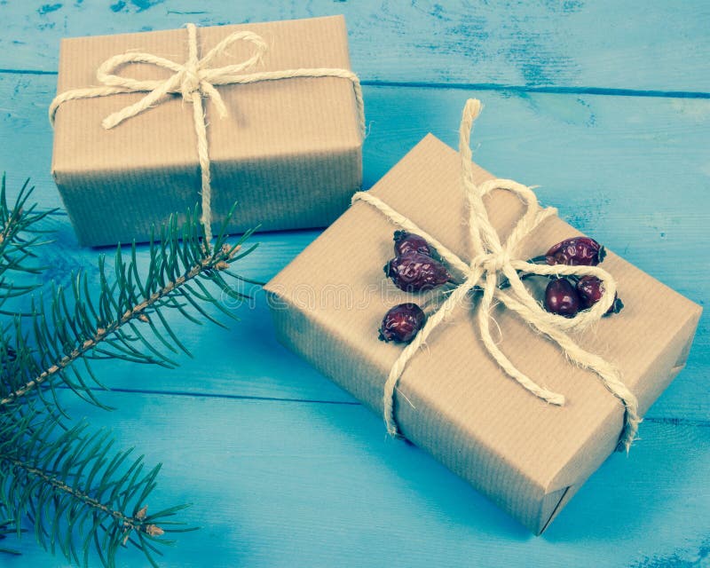 Rustic Gift Box with Kraft Paper. Christmas Gift. Stock Image - Image ...