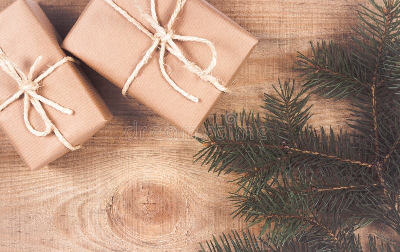 Rustic Gift Box with Kraft Paper. Christmas Gift. Stock Image - Image ...