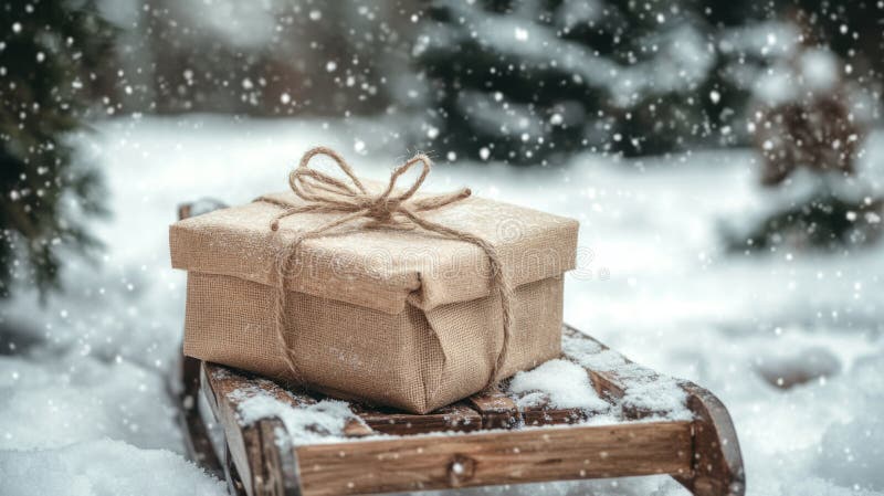 A Rustic Gift Box on a Wooden Sled in the Snow Stock Illustration ...