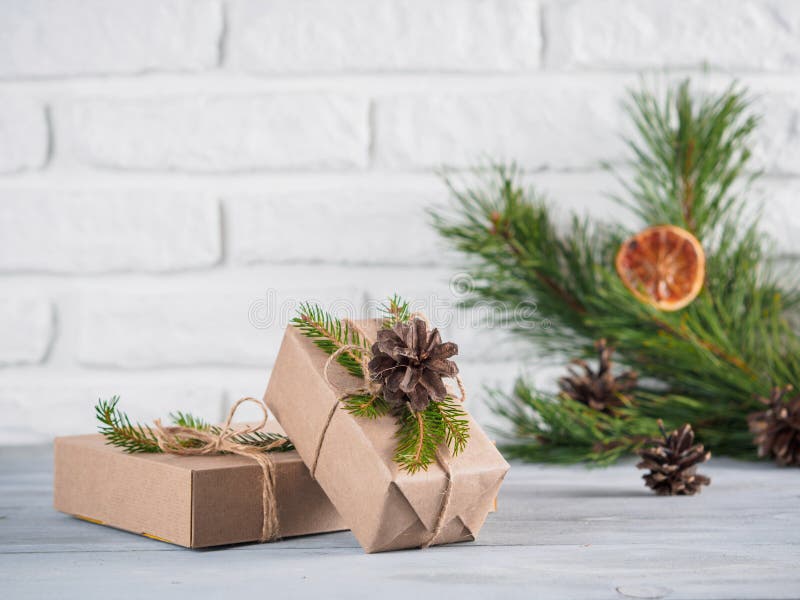 Rustic Gift Boxes and Christmas Pine Three, Copyspace Stock Image ...