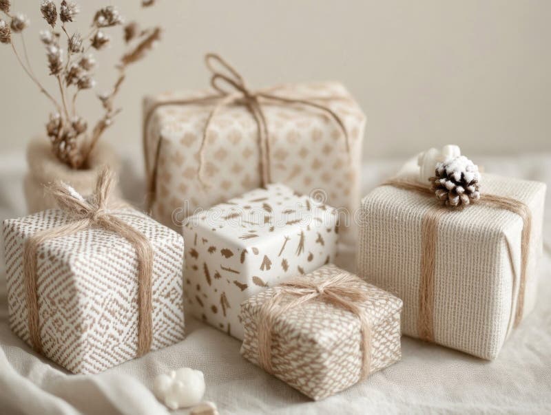 Rustic Gift Boxes with Twine and Natural Decor Stock Illustration ...