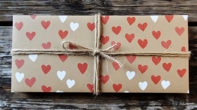 Rustic Gift Wrapped in Kraft Paper with Red and White Hearts Stock ...
