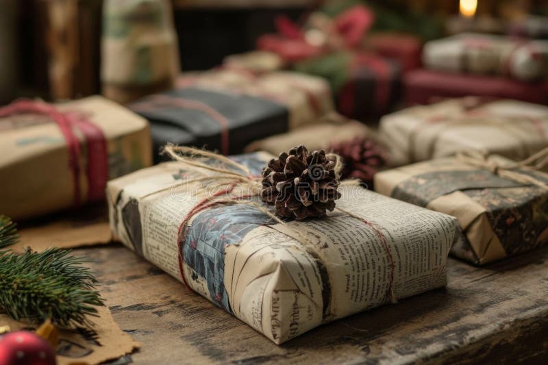 Rustic Gift Wrapped with Twine and Pine Cone Stock Illustration ...