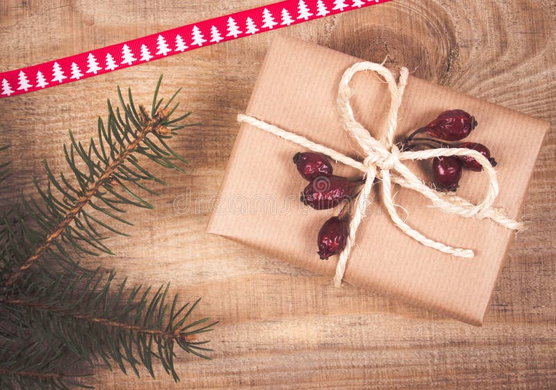 Rustic Gift Box with Kraft Paper. Christmas Gift. Stock Photo - Image ...