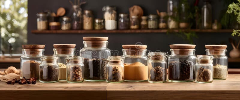 Rustic Glass Jars Filled with Spices Warm Kitchen Backdrop, Culinary ...