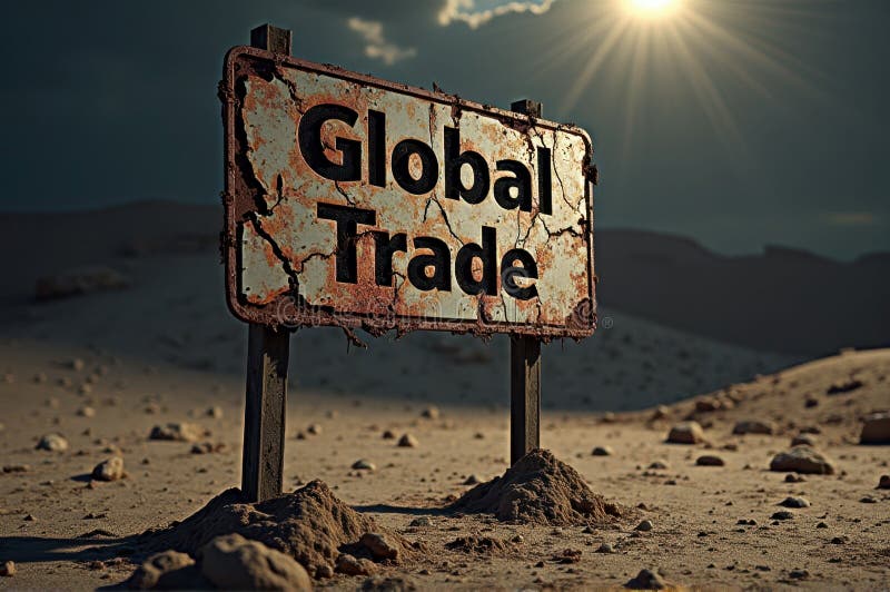 Rustic Global Trade Sign in Arid Desert Landscape at Sunrise Stock ...
