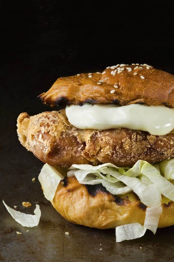 Rustic Golden Chicken Burger Stock Photo - Image of heart, hamburger ...