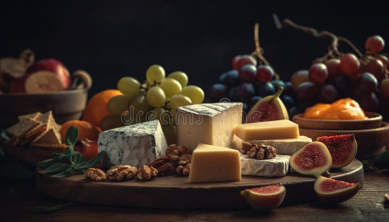 A Rustic Gourmet Cheese Plate with Fresh Fruit and Wine Generated by AI ...