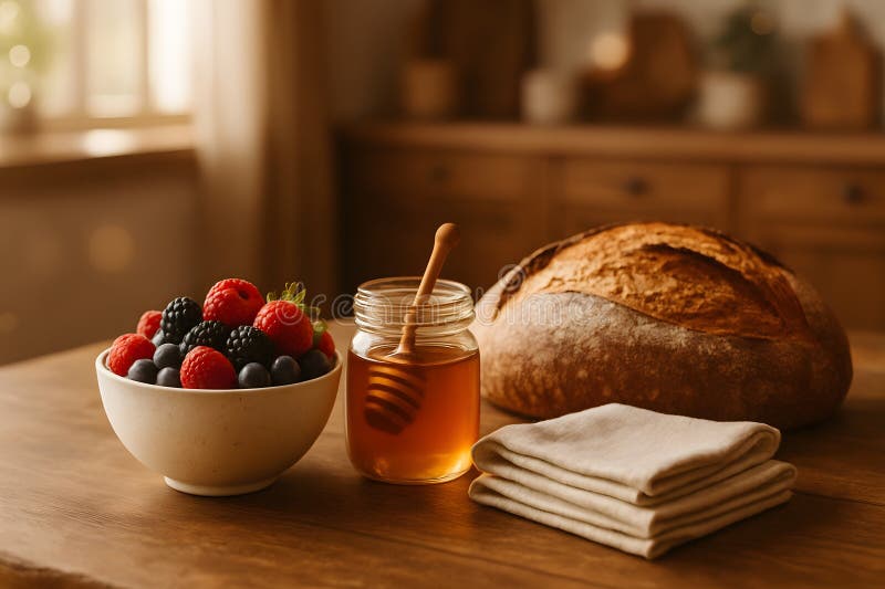 Rustic Gourmet Food Display in Warm Farmhouse Glow Stock Illustration ...