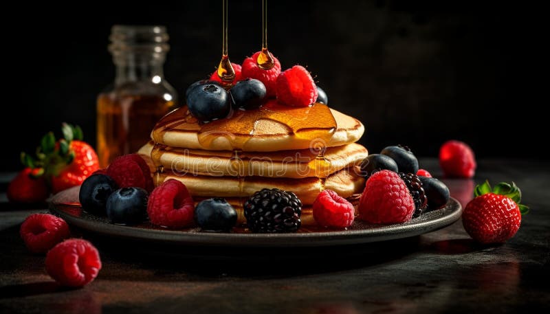 Rustic Gourmet Pancake Stack with Fresh Berry Syrup and Yogurt ...