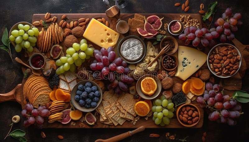 A Rustic Gourmet Snack Cheese, Bread, Fruit, and Wine Generated by AI ...