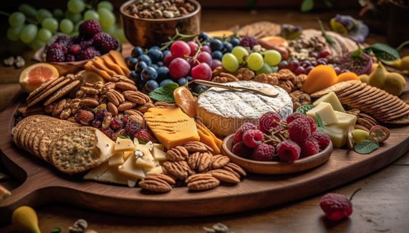 A Rustic Gourmet Snack Tray with an Abundance of Variety Generated by ...