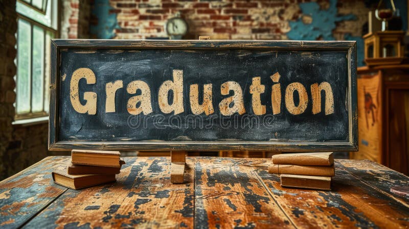 Rustic Graduation Sign on a Weathered Chalkboard in a Vintage Classroom ...