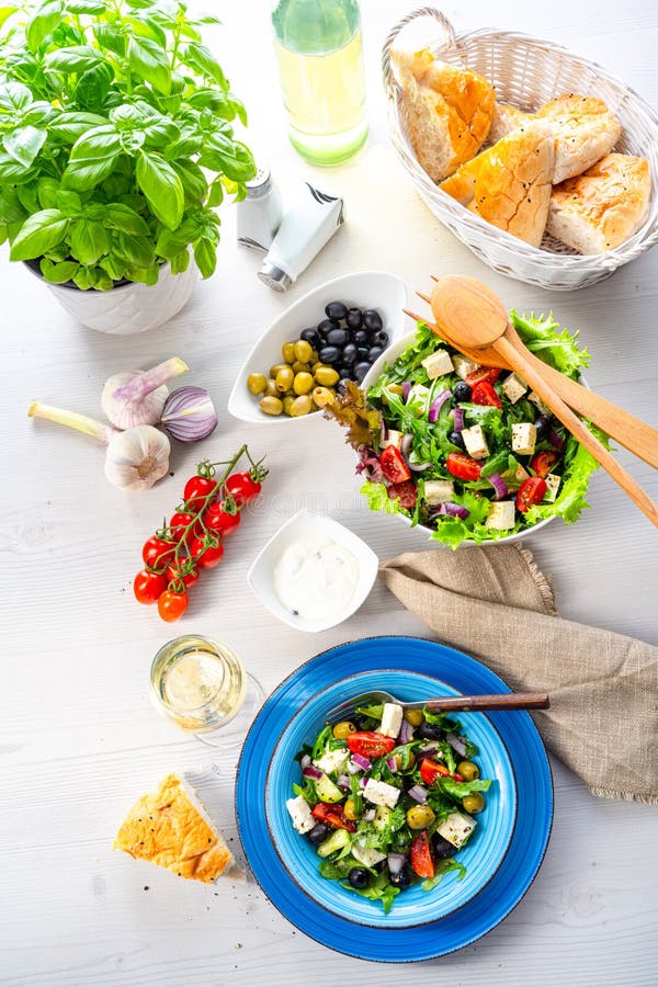 Rustic Greek Salad with Sheep`s Cheese Stock Photo - Image of food ...