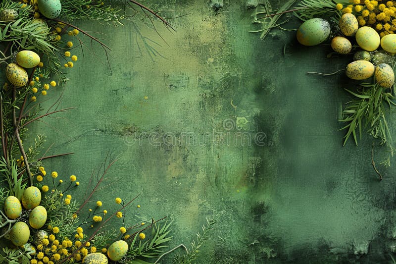 Rustic Green Background Decorated with Speckled Easter Eggs, Yellow ...