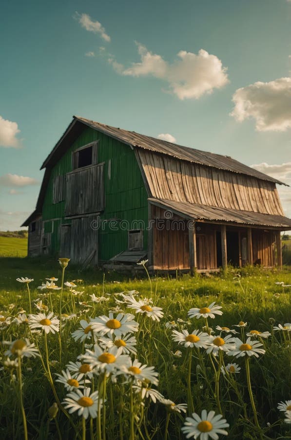 Rustic Green Barn in a Daisy Field, Idyllic Summer Scenery Stock ...