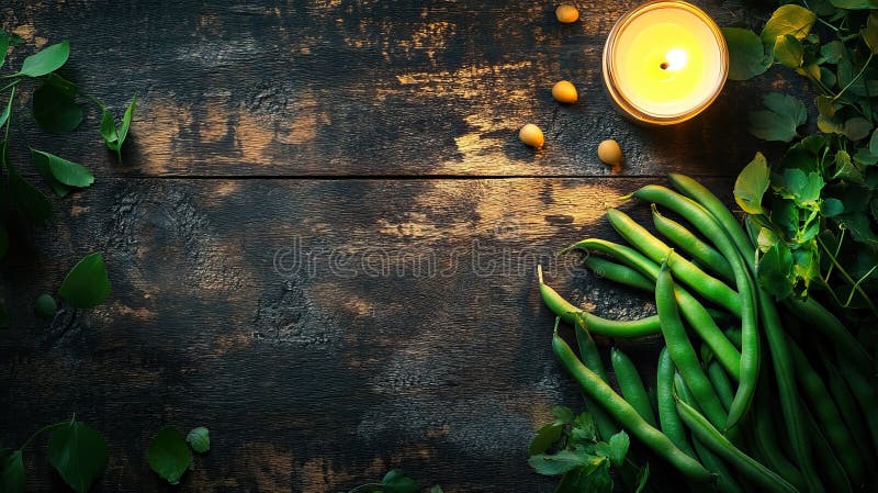 Rustic Green Beans and Candlelit Ambiance on Wooden Table Stock Photo ...