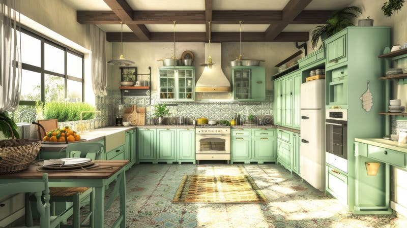 Rustic Green Kitchen with Natural Light Stock Image - Image of interior ...
