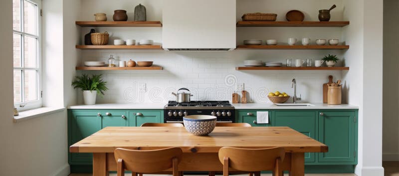 Rustic Green Kitchen with Wood Shelving and White Tiles Stock ...