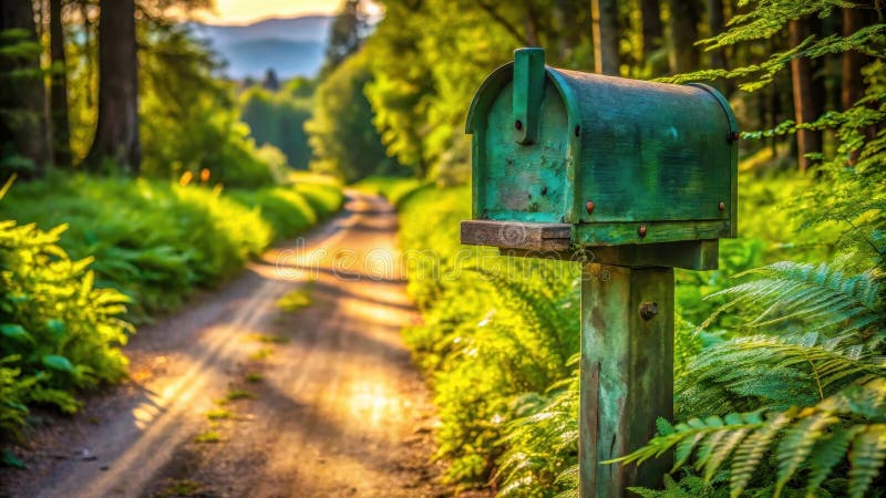 Rustic Green Mailbox Stands beside a Sunlit Path through a Verdant ...