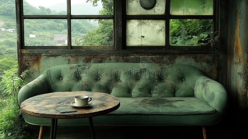 Rustic Green Sofa, Tea, Mountain View Cafe Stock Illustration ...
