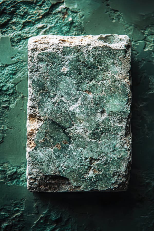 Rustic Green Stone Block with Rugged Texture on a Dark Rough Surface ...