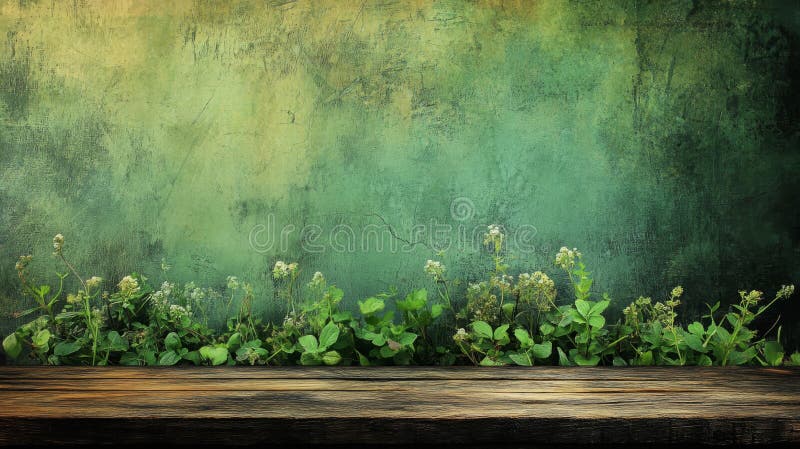 Rustic Green Wall with Small White Flowers and Weathered Wood Stock ...